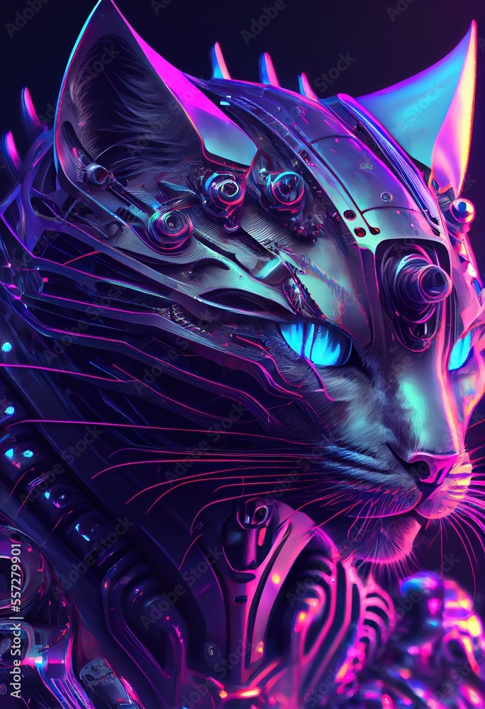Portrait of a futuristic robot cat. An artistic abstract cyberpunk ...