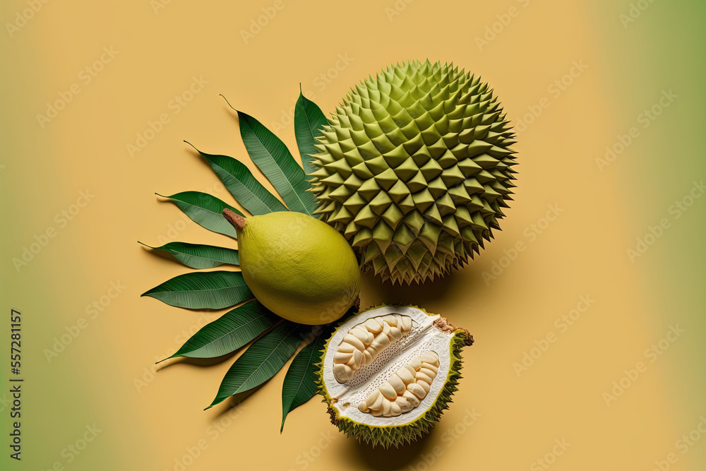 Durian fruit on a green backdrop with a clipping path and fresh durian ...