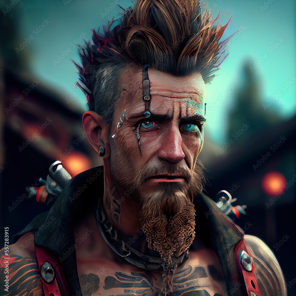 Portrait of a brutal punk. High-tech futuristic man from the future ...