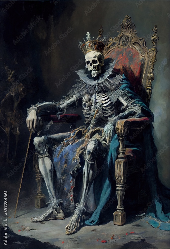A horrible ancient skeleton king sits on a throne. The concept of a ...
