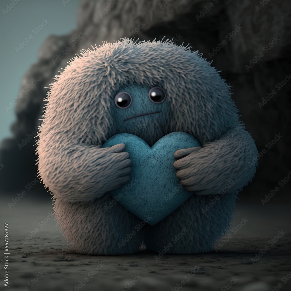 Fluffy monster hugging heart which is made of stone, created with ...