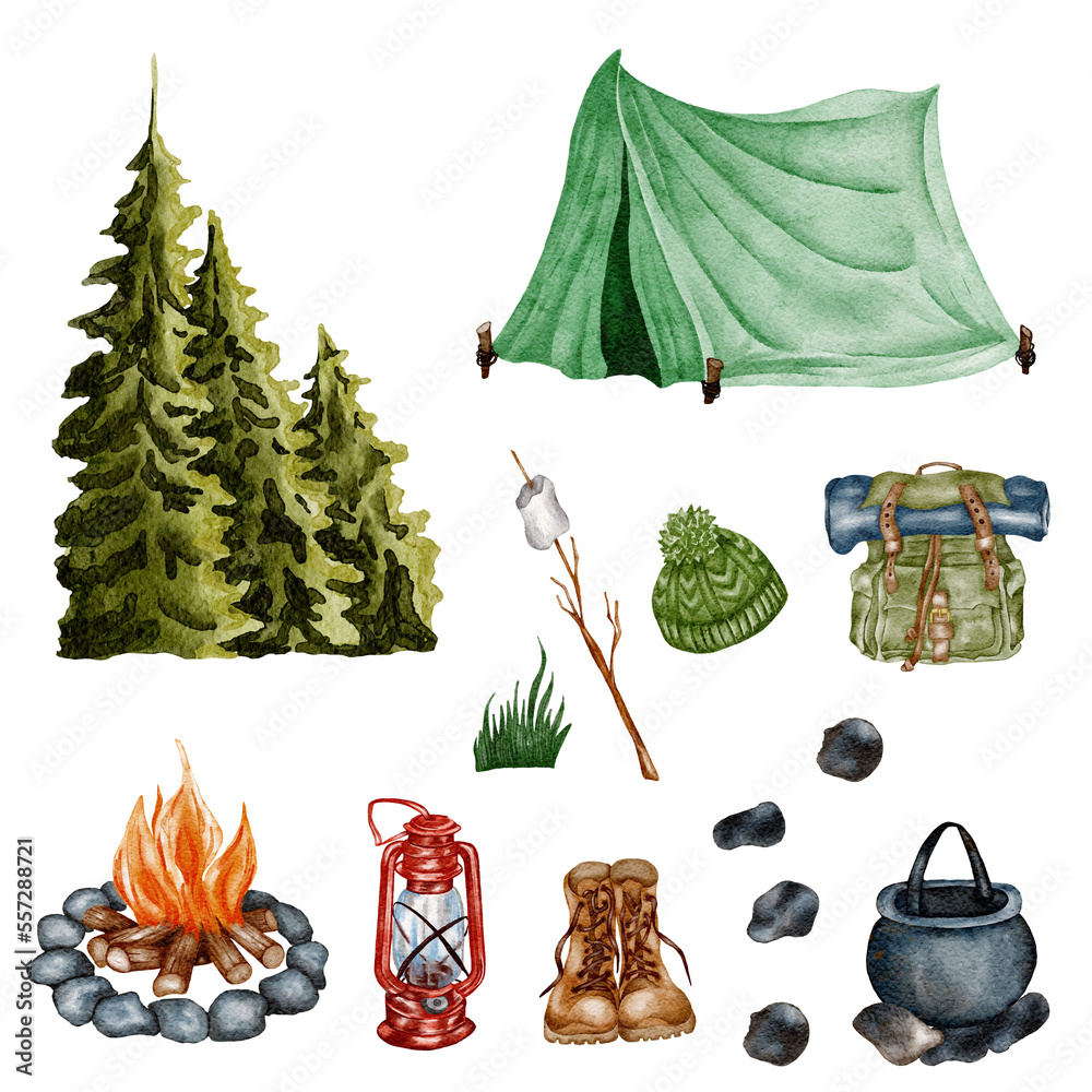 Watercolor Camping clipart. Hand drawn wild camping illustration ...