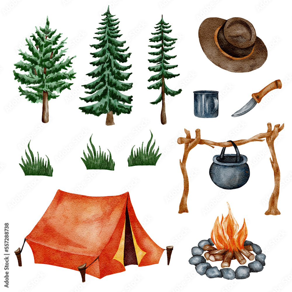 Watercolor Camping clipart. Hand drawn wild camping illustration ...