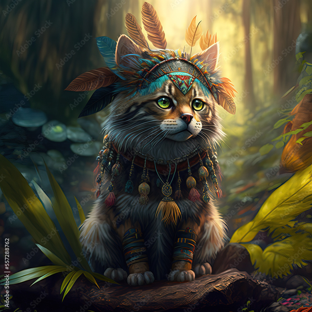 Spiritual Chaman-shaman cat in the forest with sun light Magic kitty ...