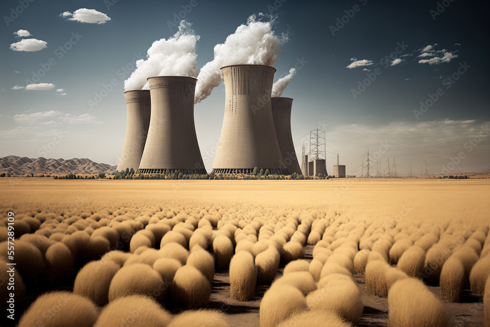 Large chimneys and cooling towers for nuclear power plants can be seen ...