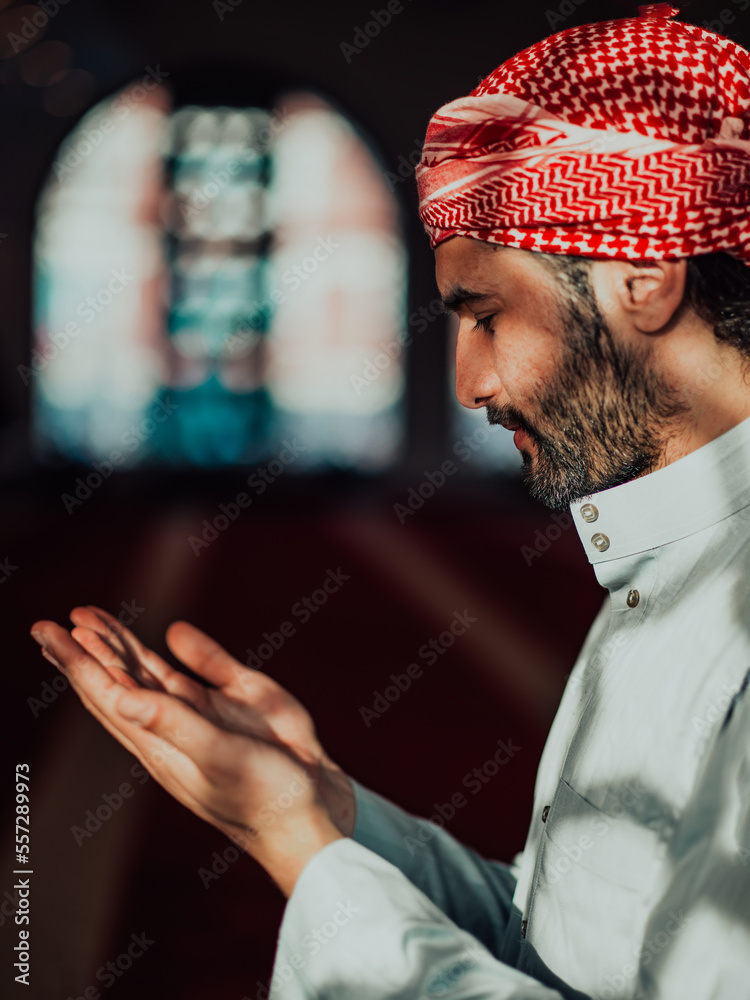 Muslim Arabic man praying. Religious muslim man praying inside the ...