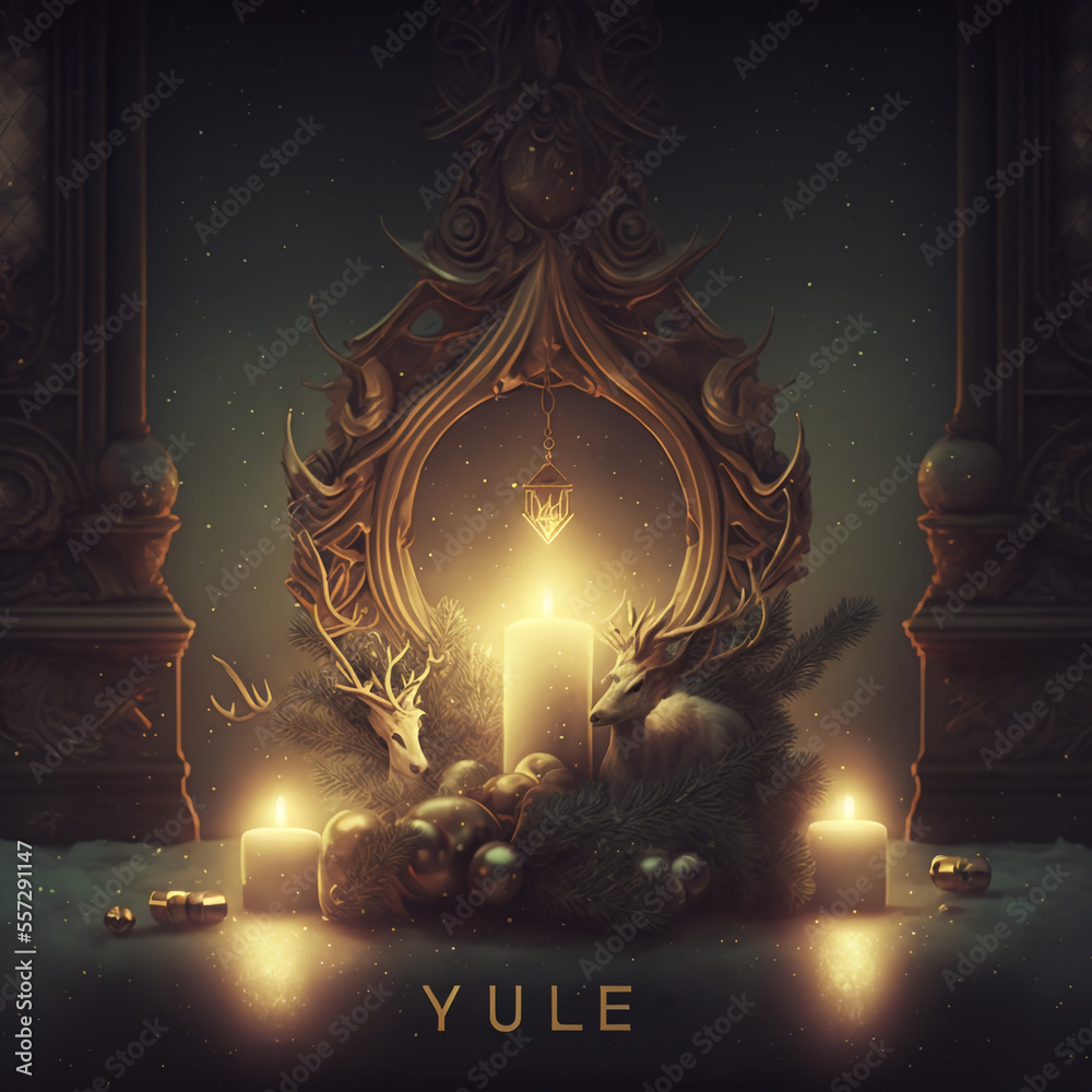 Yule design with still life from a candle, a bowl, deer horns, spruce ...