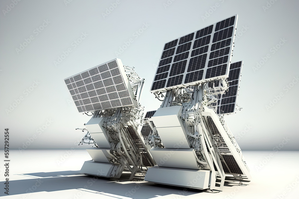 Sun traps. Metal racks holding solar panels. Eco power station ...