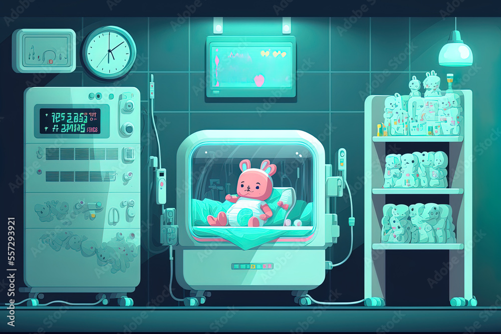 neonatologist cartoon at newborn baby backdrop. Hospital ward with ...