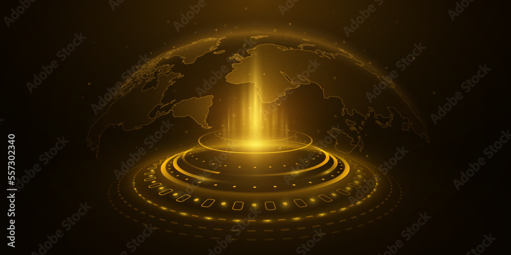 Digital world map with HUD elements. Earth hologram with golden glow ...