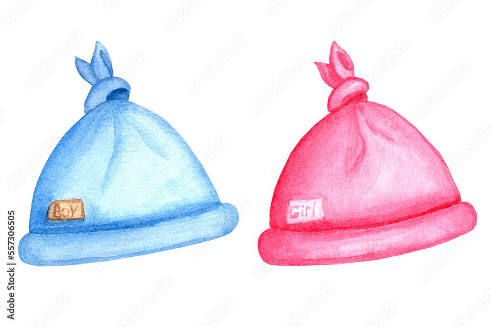 Newborn boy and girl set with pink and blue hat. Hand drawn watercolor ...