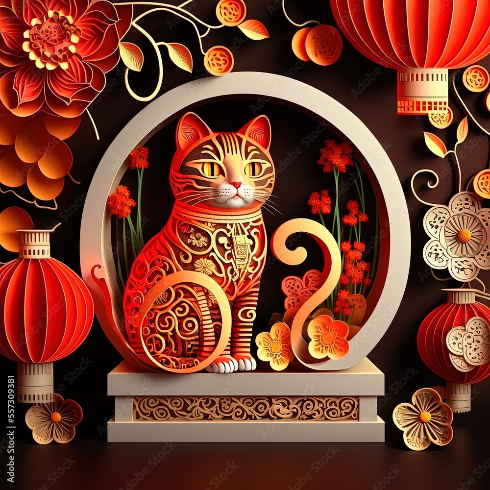 Paper cut quilling multidimensional chinese style cute zodiac cat with ...