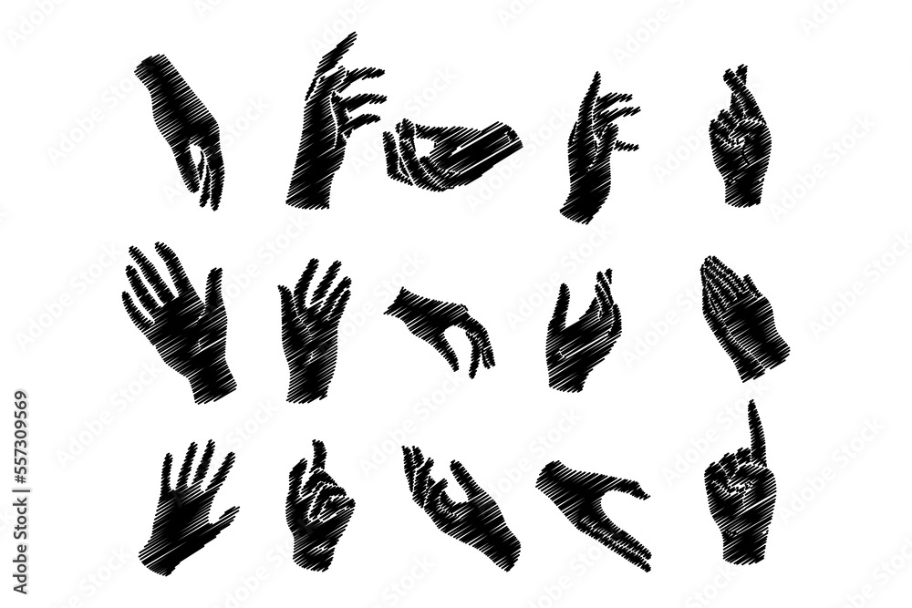 Stockvector Hands poses. Male Female hand holding and pointing gestures, fingers crossed, fist ...