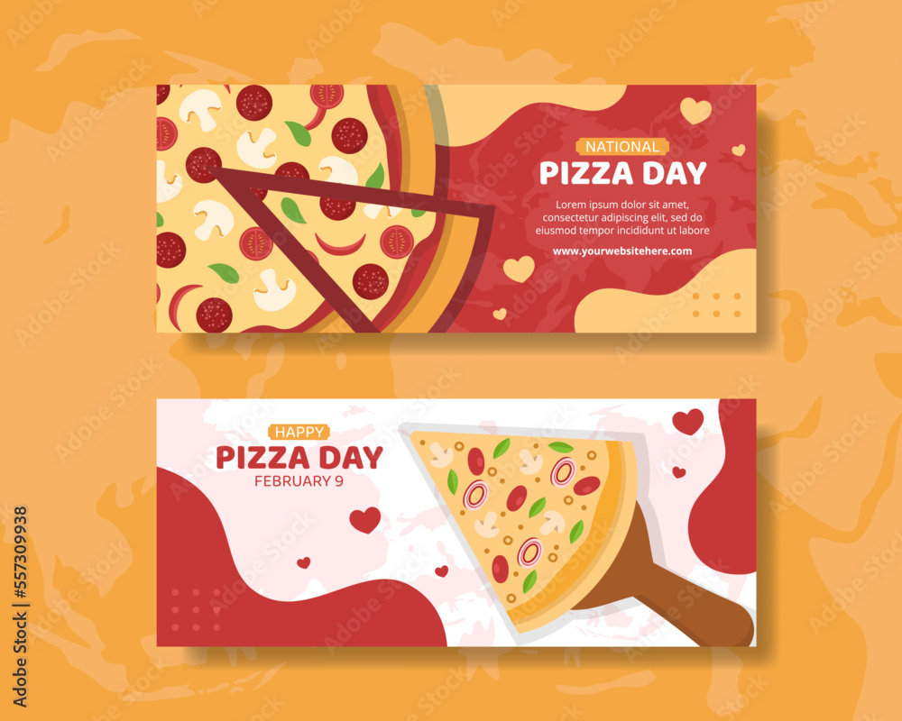 National Pizza Day Banner Flat Cartoon Hand Drawn Templates ...