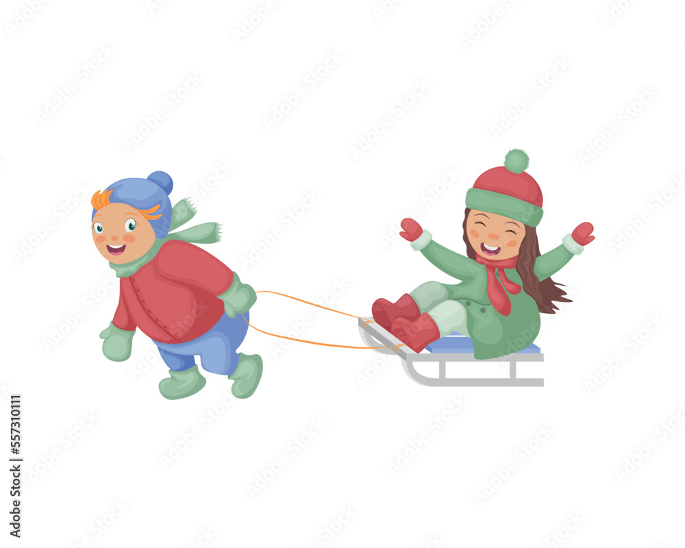 Cute kids are sledding. Winter illustration depicting a boy carrying a ...