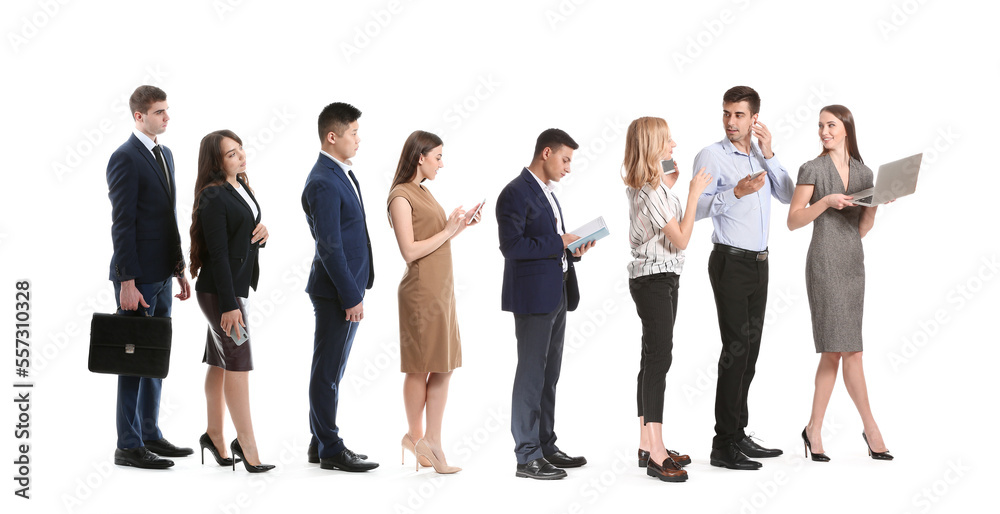 Many business people waiting in line on white background Stock Photo ...