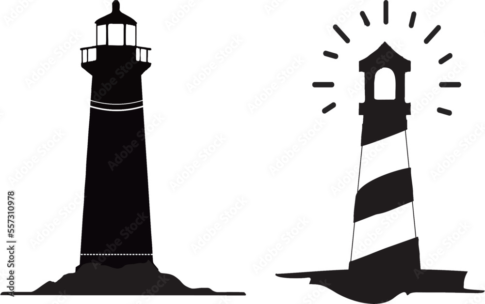 Set of lighthouses white background. Vector searchlight towers for ...
