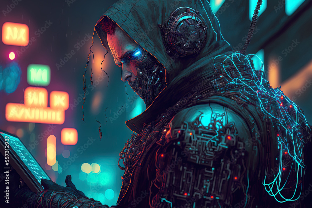 hacker in cyberpunk garb skulk under some cyan Christmas lights ...