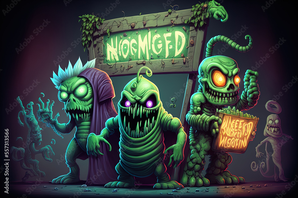 Halloween artwork of a monster group banner with a spooky green mutant ...