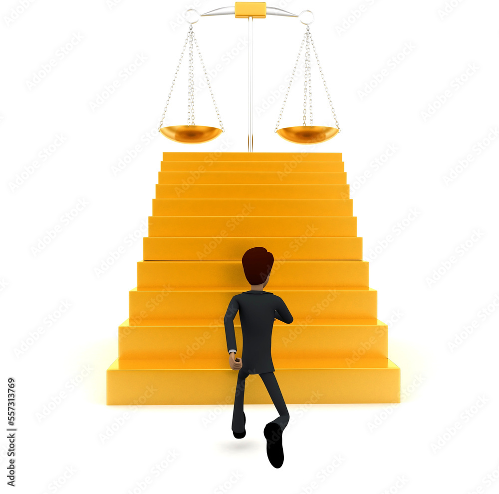 3d man running towards steps with weighing scale on top concept Stock ...