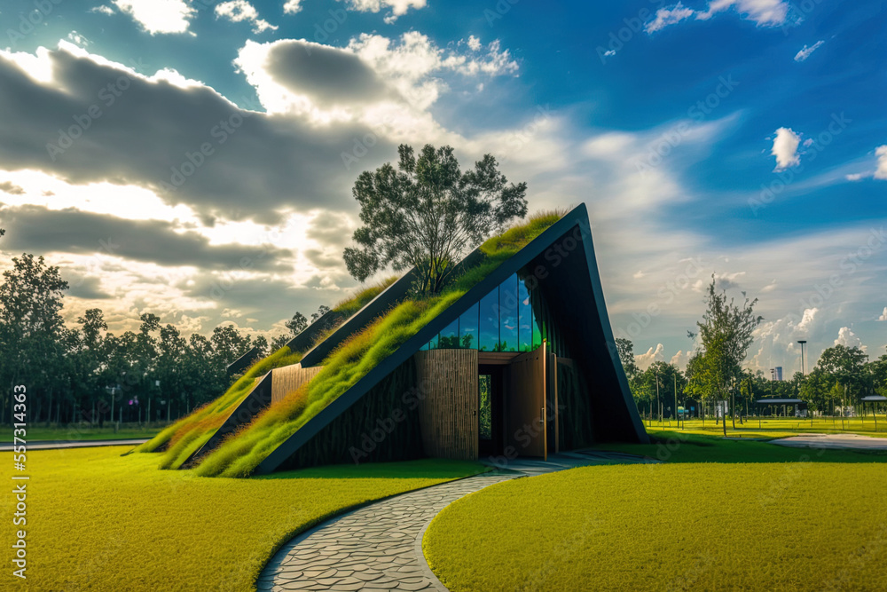 In the city eco park, there are modern structures with green grass ...