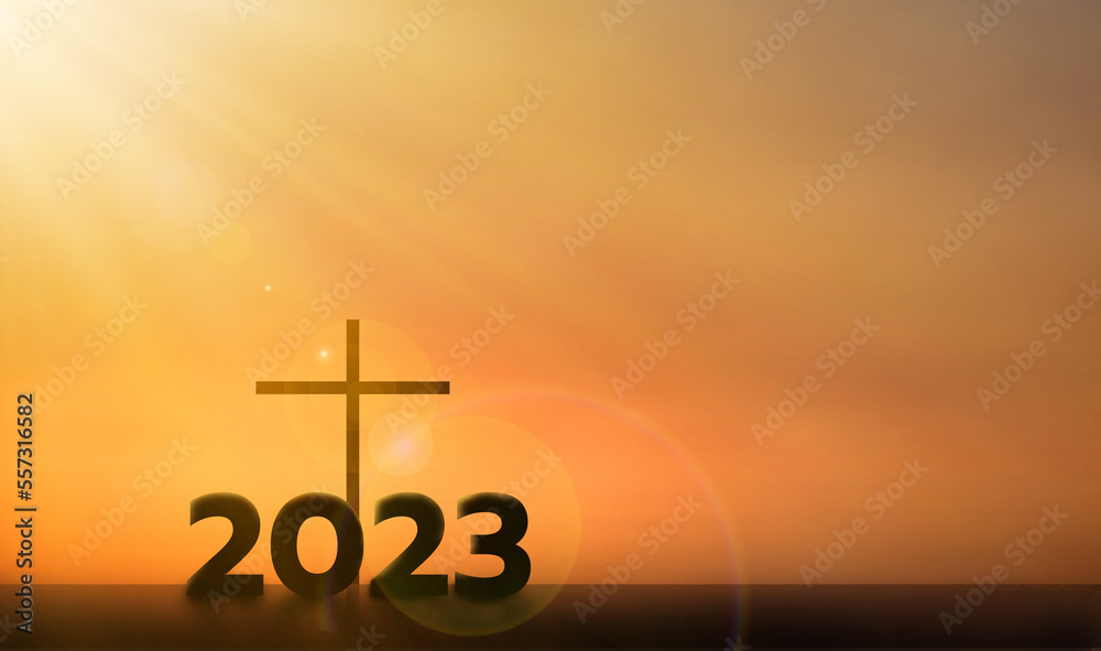 2023 new year gold sunrise sky, cross jesus hope background, golden ...