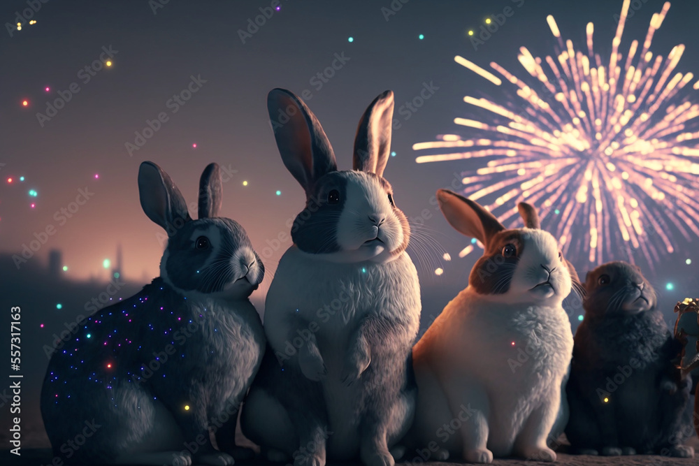 Spectacular fireworks display,rabbit families celebrating the New Year ...