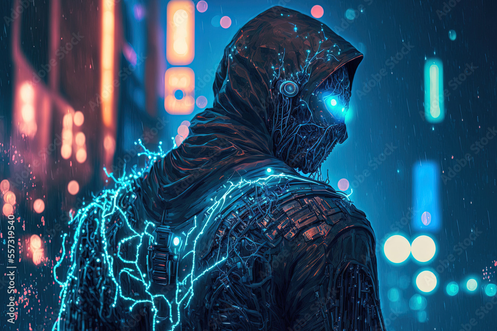 hacker in cyberpunk garb skulk under some cyan Christmas lights ...