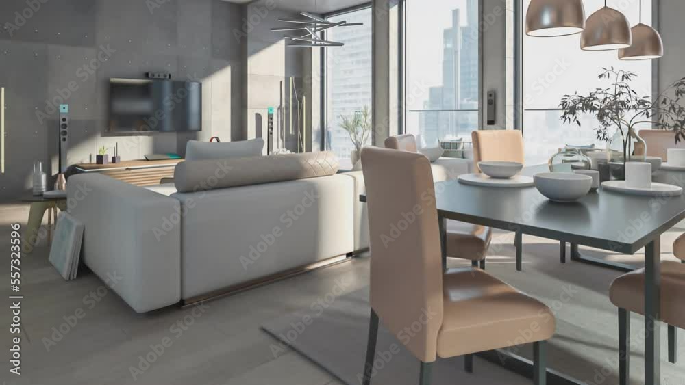 Penthouse Open Area Loft - camera animation at 3d visualization Stock ...