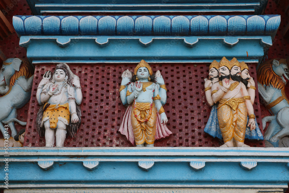 Brahma, Vishnu and Shiva are the three main Hindu deities on a temple ...