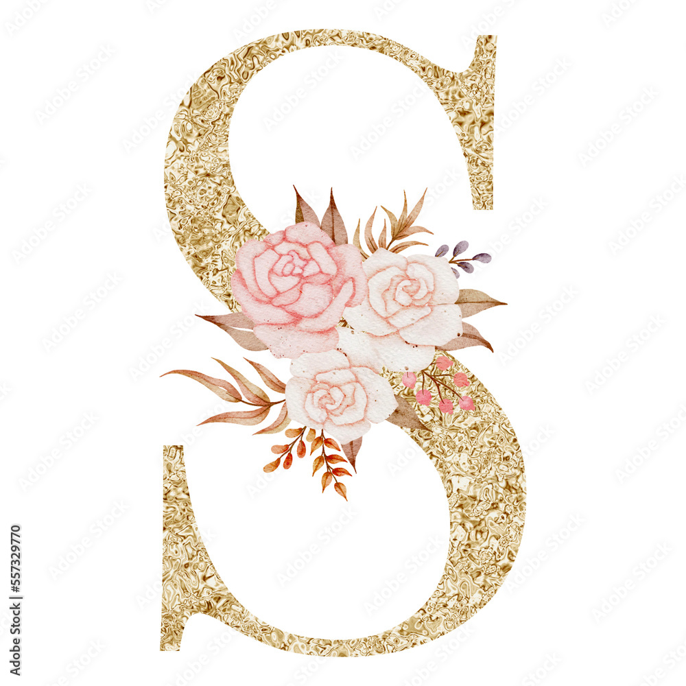 Floral alphabet, gold letter with watercolor flowers and leaf Stock ...