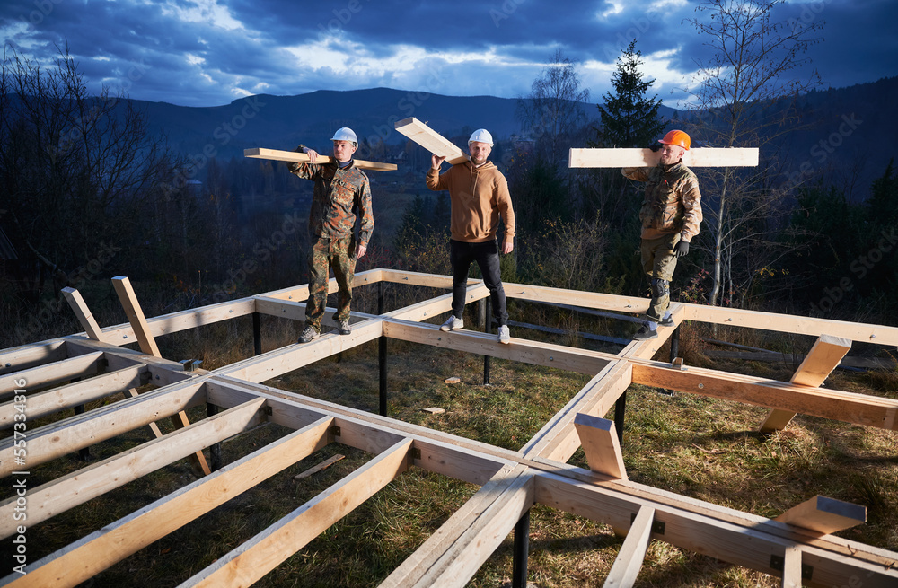 Men workers building wooden frame house on pile foundation. Portrait of ...