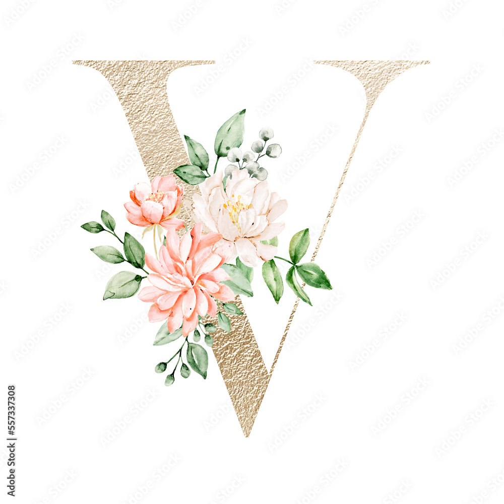Floral alphabet, gold letter V with watercolor flowers and leaf ...