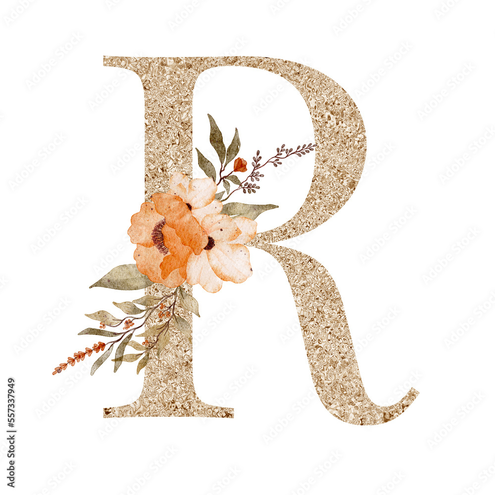 Floral alphabet, gold letter with watercolor flowers and leaf Stock ...