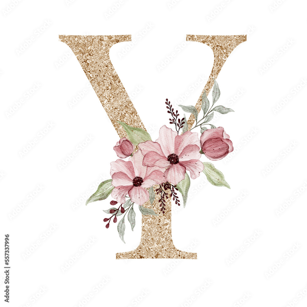 Floral alphabet, gold letter with watercolor flowers and leaf Stock ...