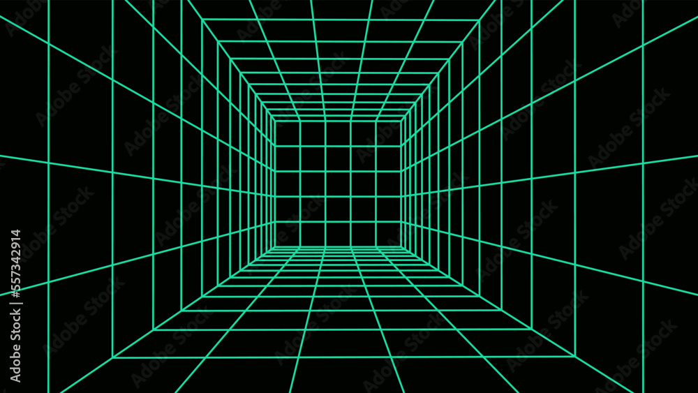 3d wireframe green room. Abstract perspective grid. Retro futuristic ...