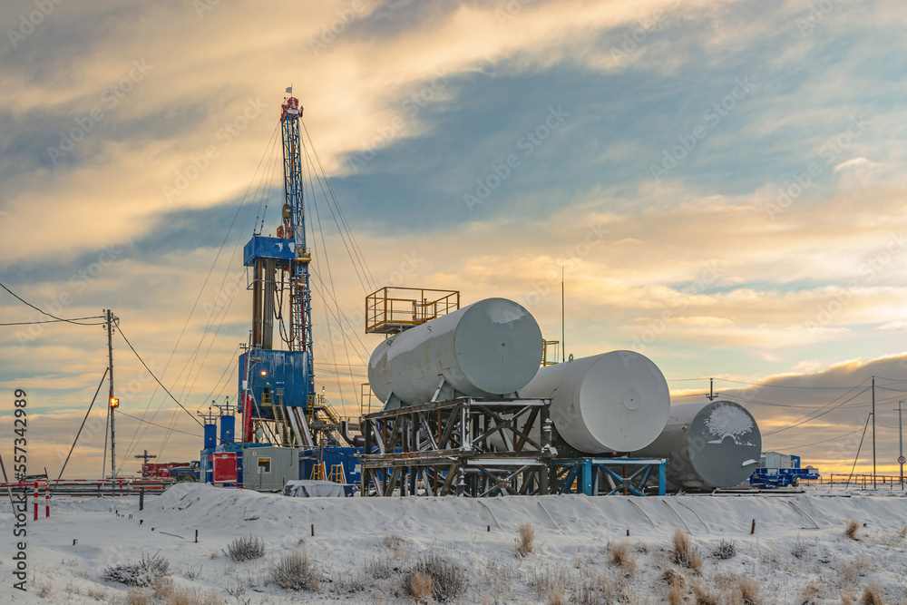 Drilling wells at an oil and gas field in the Far North. Industrial ...