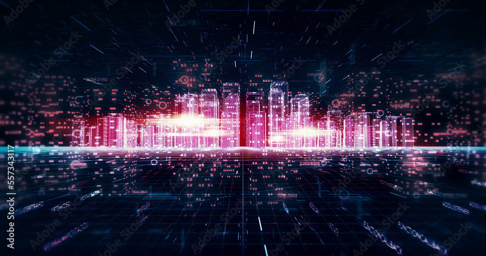 High tech smart city futuristic aerial city flight animation. Digital ...