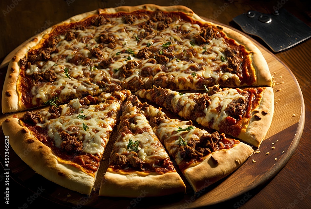 illustration of huge close-up homemade style pizza with full topping ...