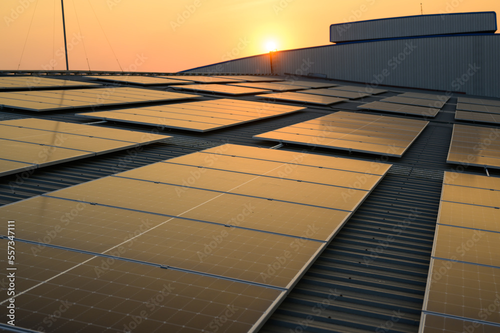 Solar cell farm power plant and solar panels with sunset in evening ...