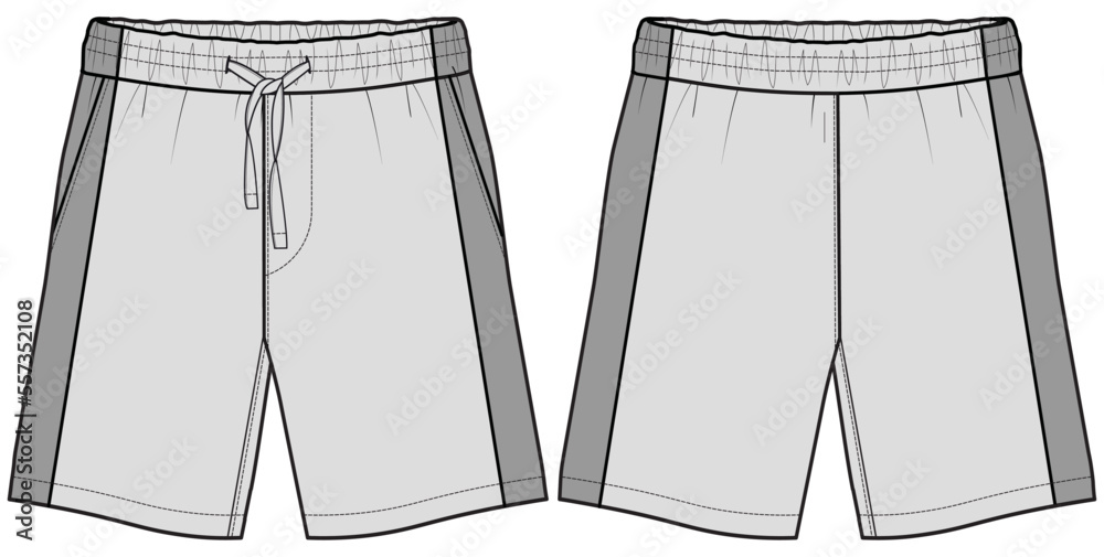 men's elastic waist shorts flat sketch technical cad drawing vector ...