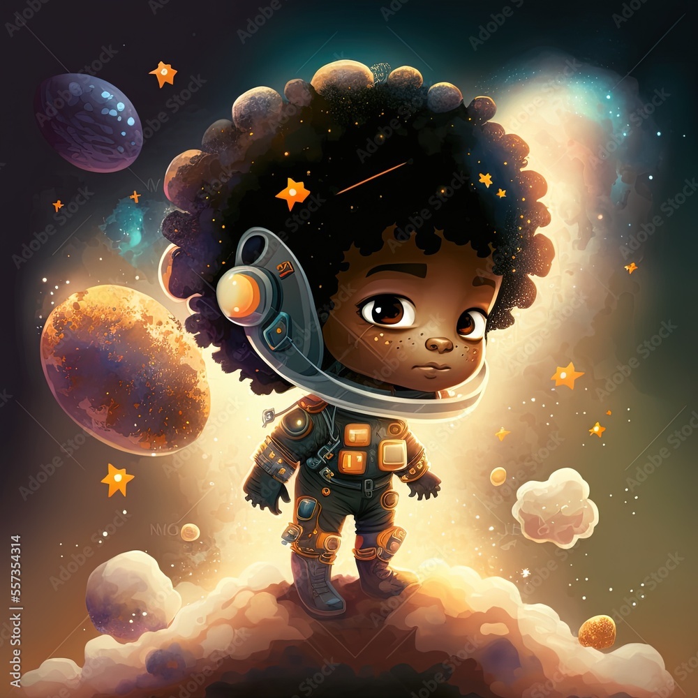 Generative AI Adorable black boy astronaut, in outer space, standing on ...