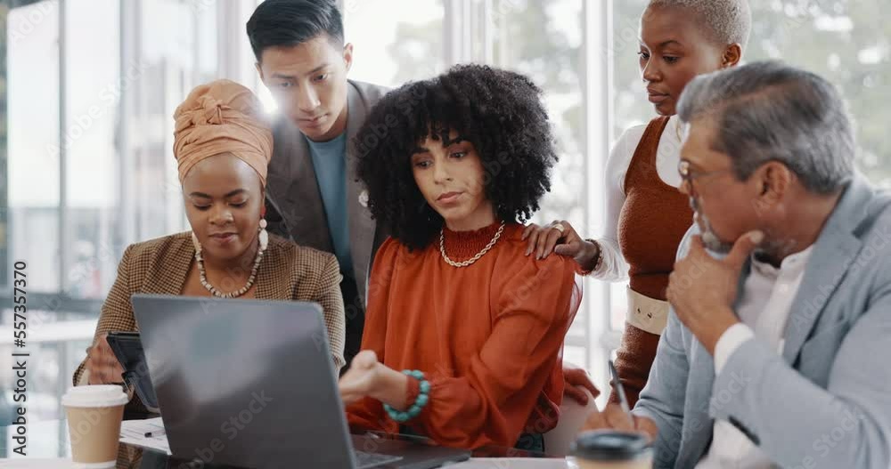 Team, business people and conversation with laptop, brainstorming for ...