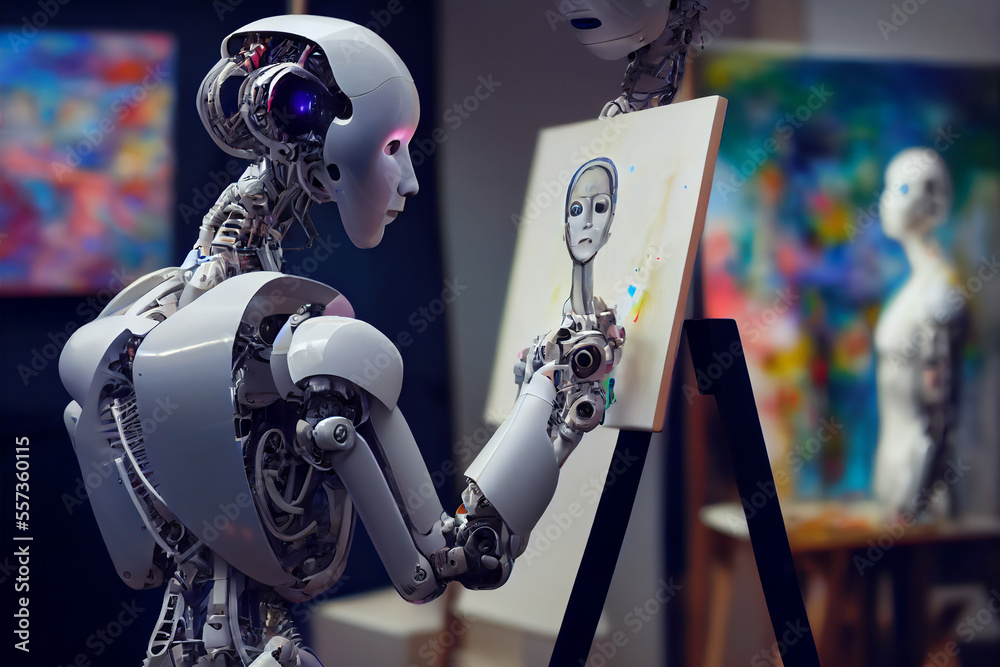 Photo & Art Print Humanoid robot artist painting a portrait on a canvas ...