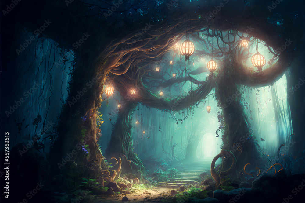 Fantasy forest scene AI Generative Stock Illustration | Adobe Stock