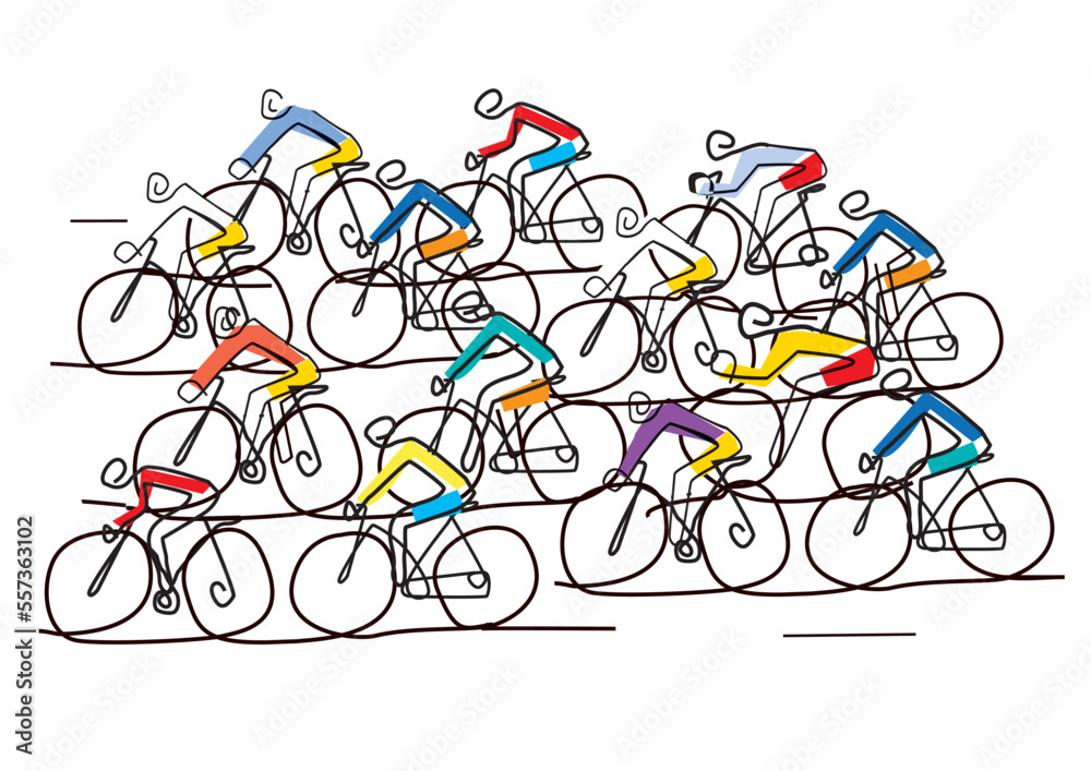 Vetor de Cyclists peloton, cycling race, line art stylized ...
