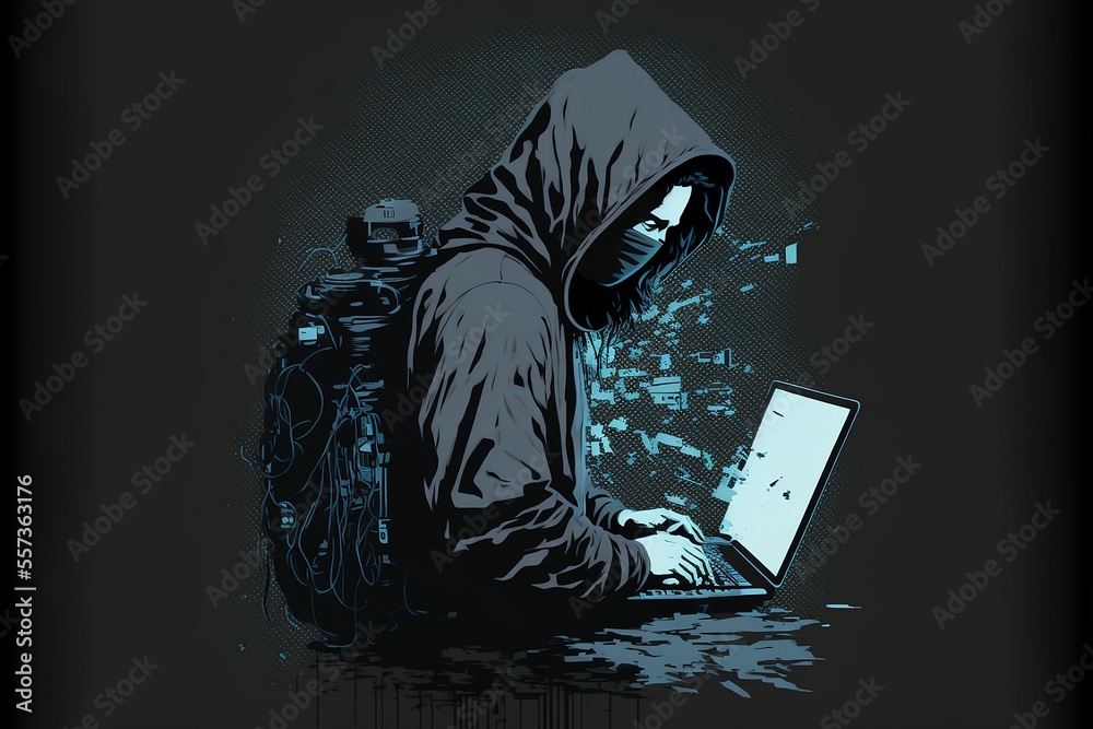 computer hacker wearing hoodie and backpack hacking computer laptop ...
