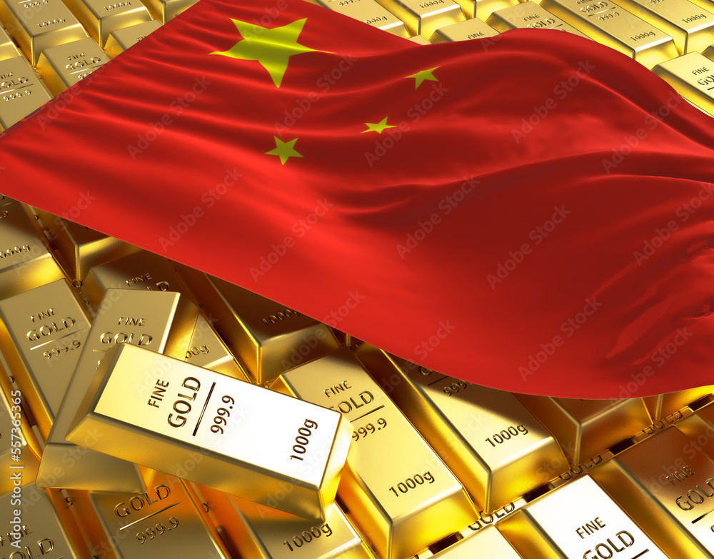 People's Republic of China national country flag on Golden ingots bars ...