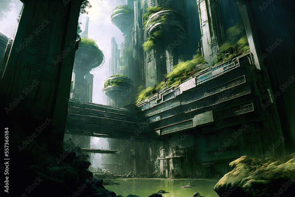 Futuristic Space Complex in a Swamp, Concept Art, Digital Illustration ...