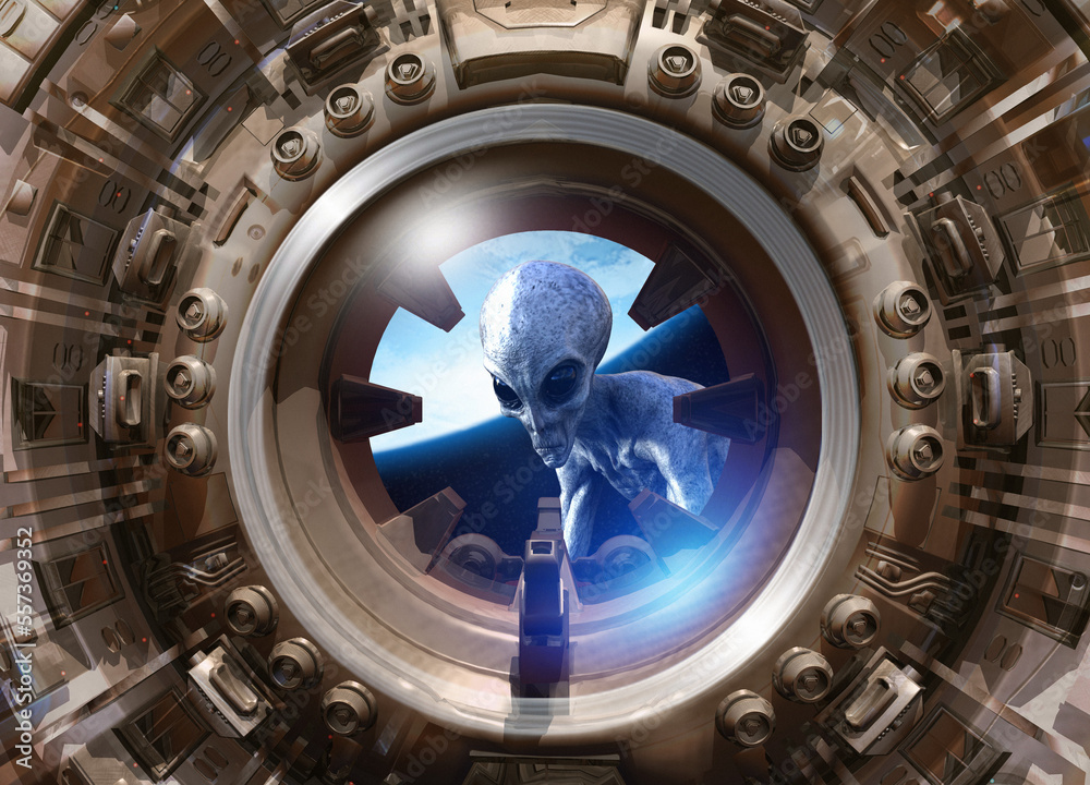 Alien looking through the window of spaceship, illustration Stock ...